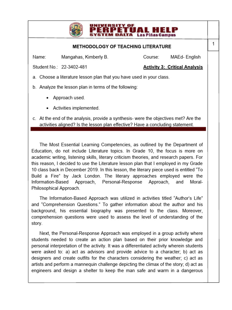 Activity 3 - Critical Analysis | PDF | Lesson Plan | Critical Thinking
