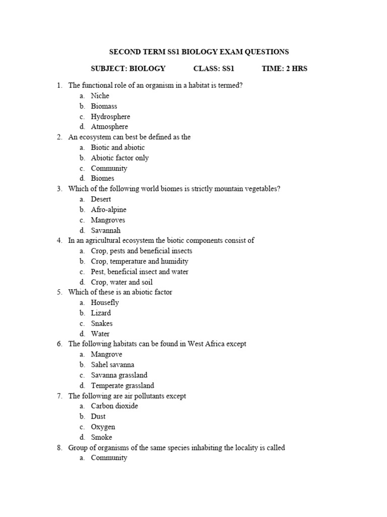 SS1 Biology Exam Questions | Download Free PDF | Ecosystem | Water ...