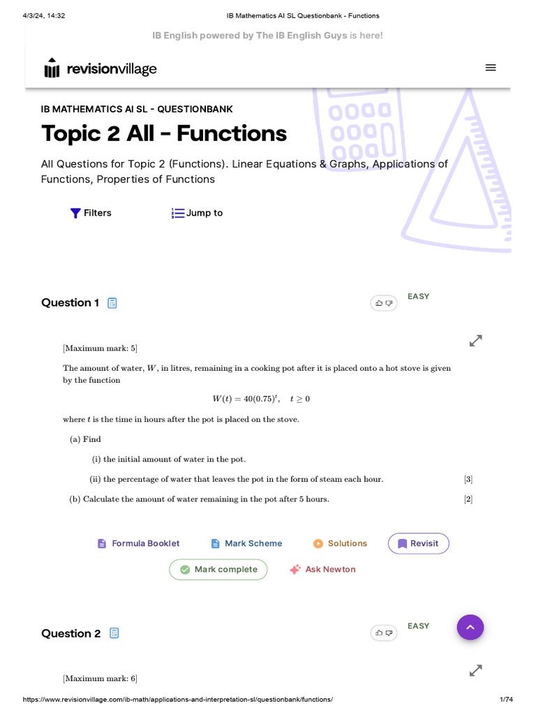 IB Math AI SL Functions Questionbank | PDF | Subscription Business ...