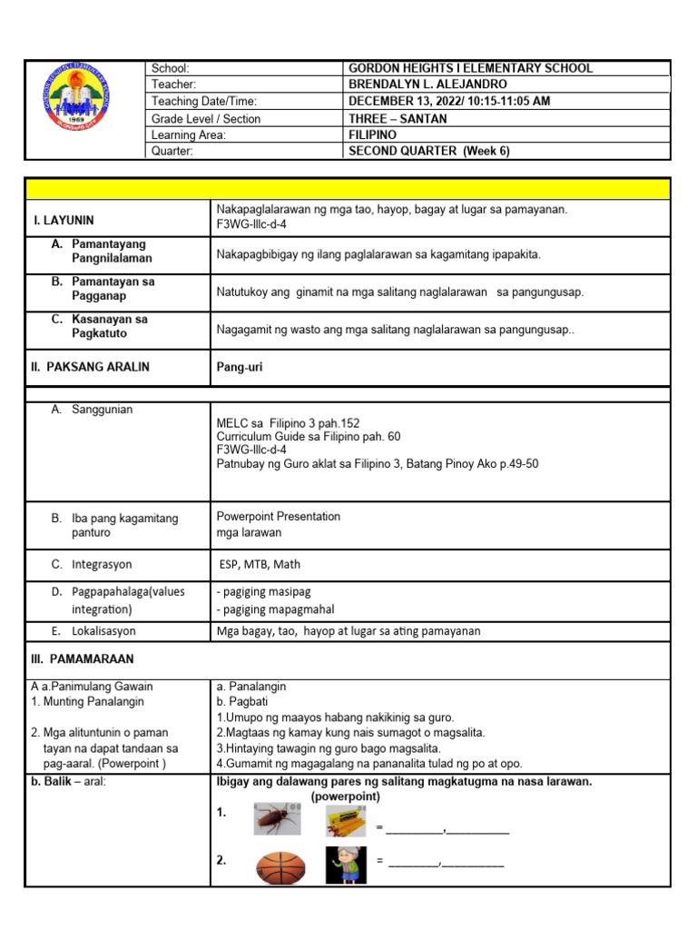 DLP Q2 Filipino 3 Salitang Naglalarawan | PDF