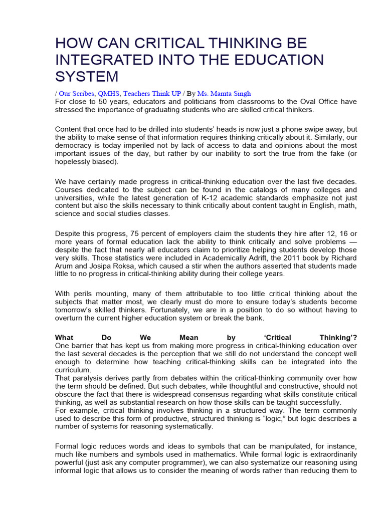 Integrating Critical Thinking in Education | PDF | Critical Thinking ...