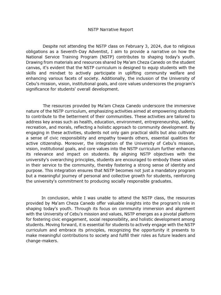 NSTP 102 Narrative Report | PDF | Curriculum | Civic Engagement