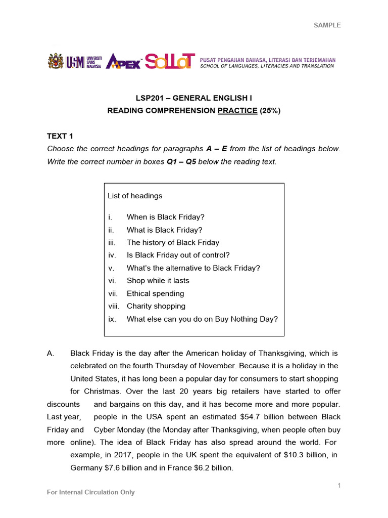 201 Reading Comprehension Practice Pdf Black Friday Shopping