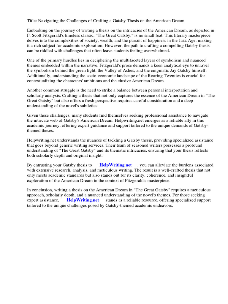 Gatsby Thesis American Dream | PDF