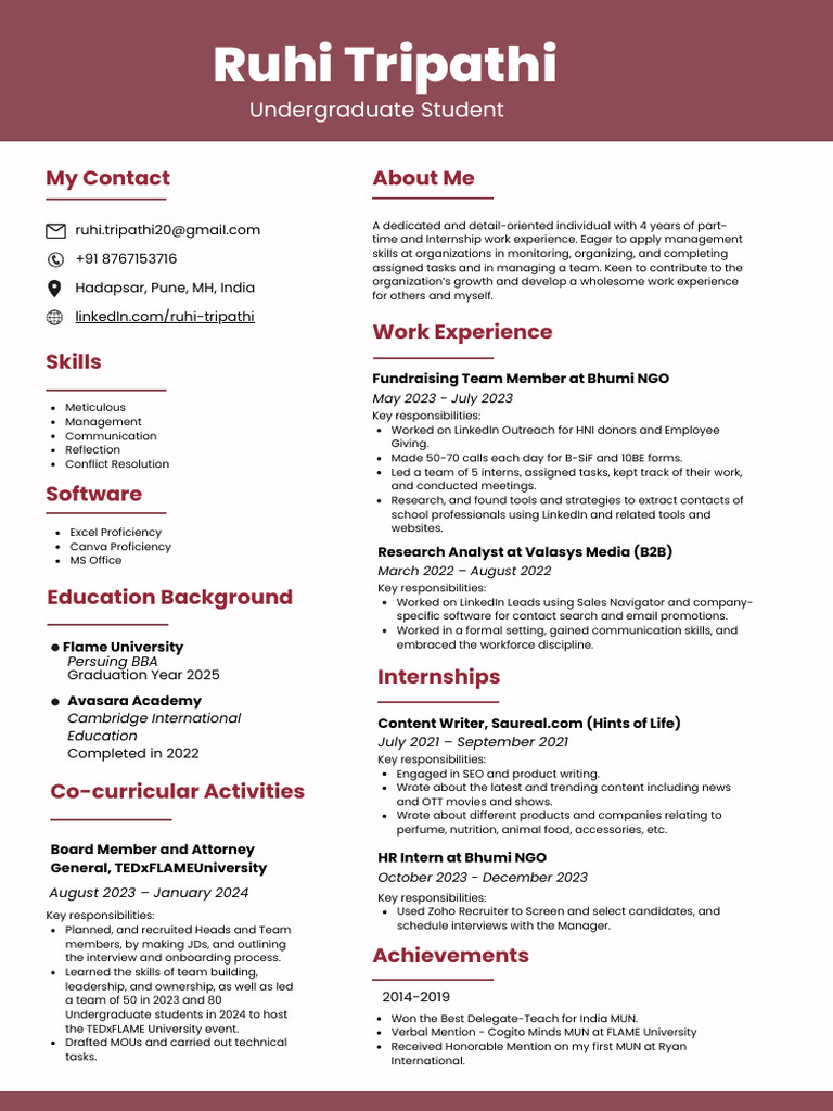 Ruhi Tripathi - Resume | PDF | Career & Growth