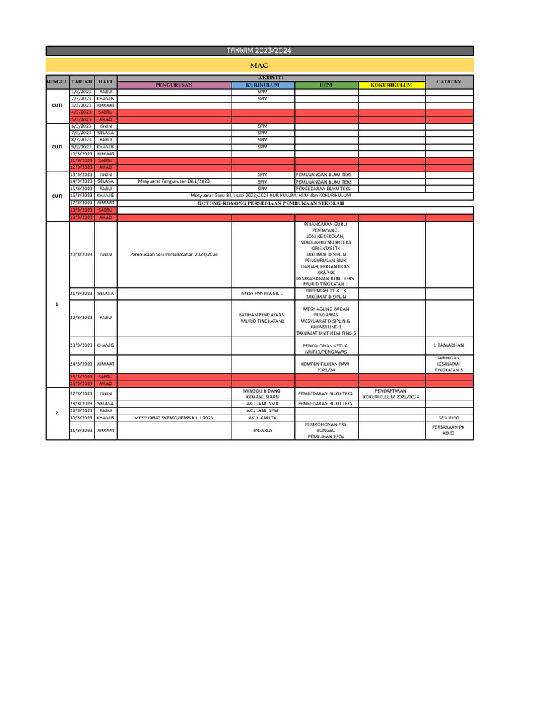 TAKWIM 2023 - 2024xlsx | PDF