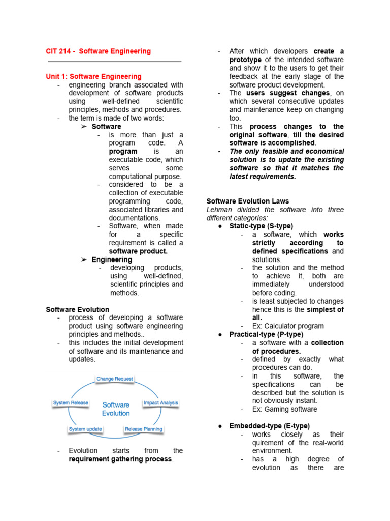 NOTES - CIT 214 - Software Engineering | PDF | Software Development ...