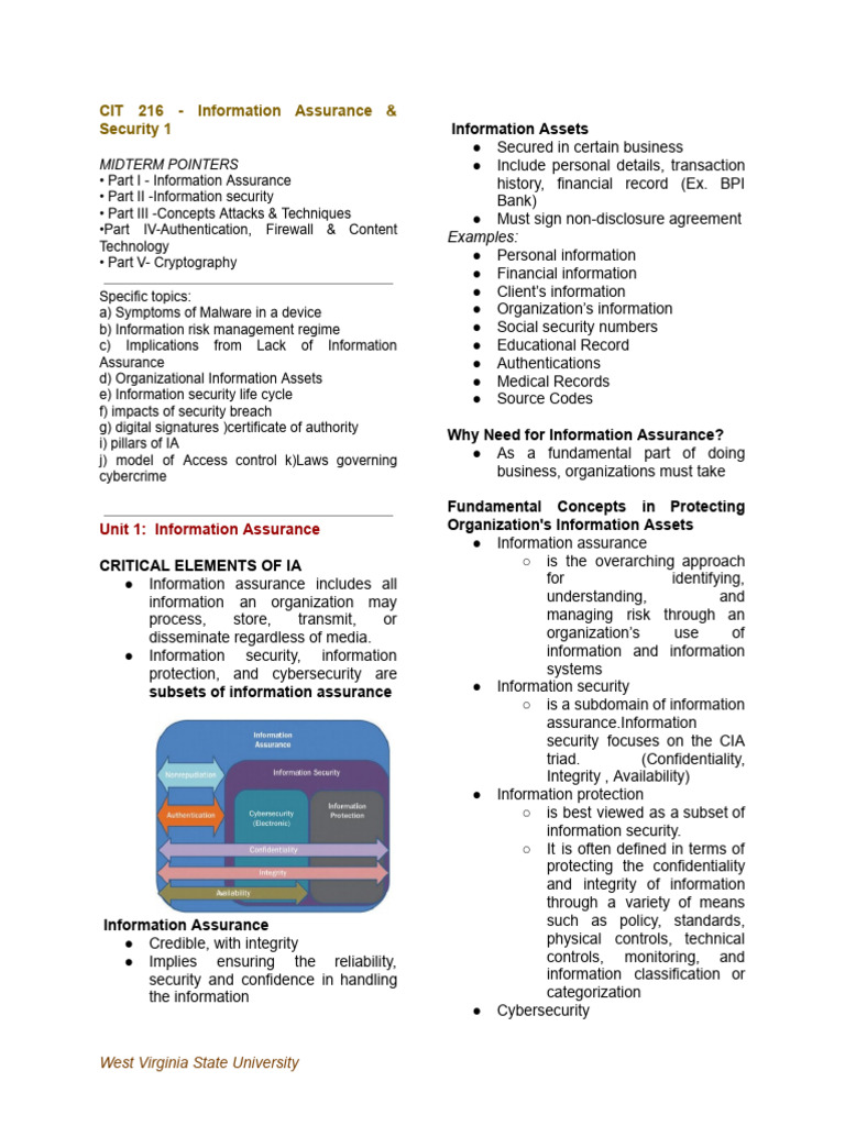 Notes - Information Assurance & Security 1 | PDF