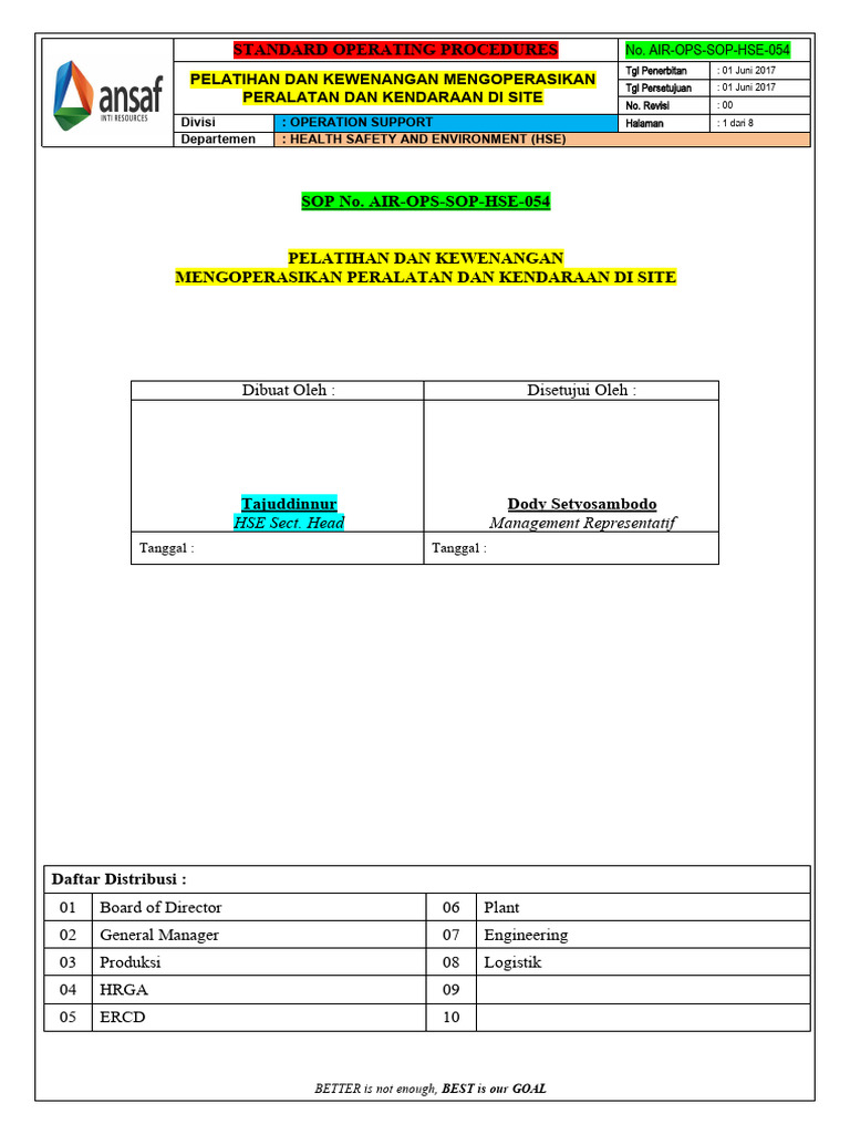 SOP No. AIR-OPS-SOP-HSE-054 CONTOH SOP | PDF