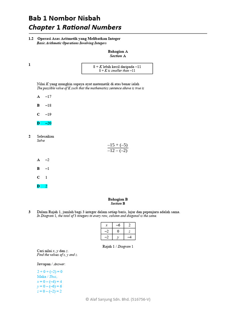 Bab 1.2 Operasi Asas Aritmetik Yang Melibatkan Integer | PDF ...