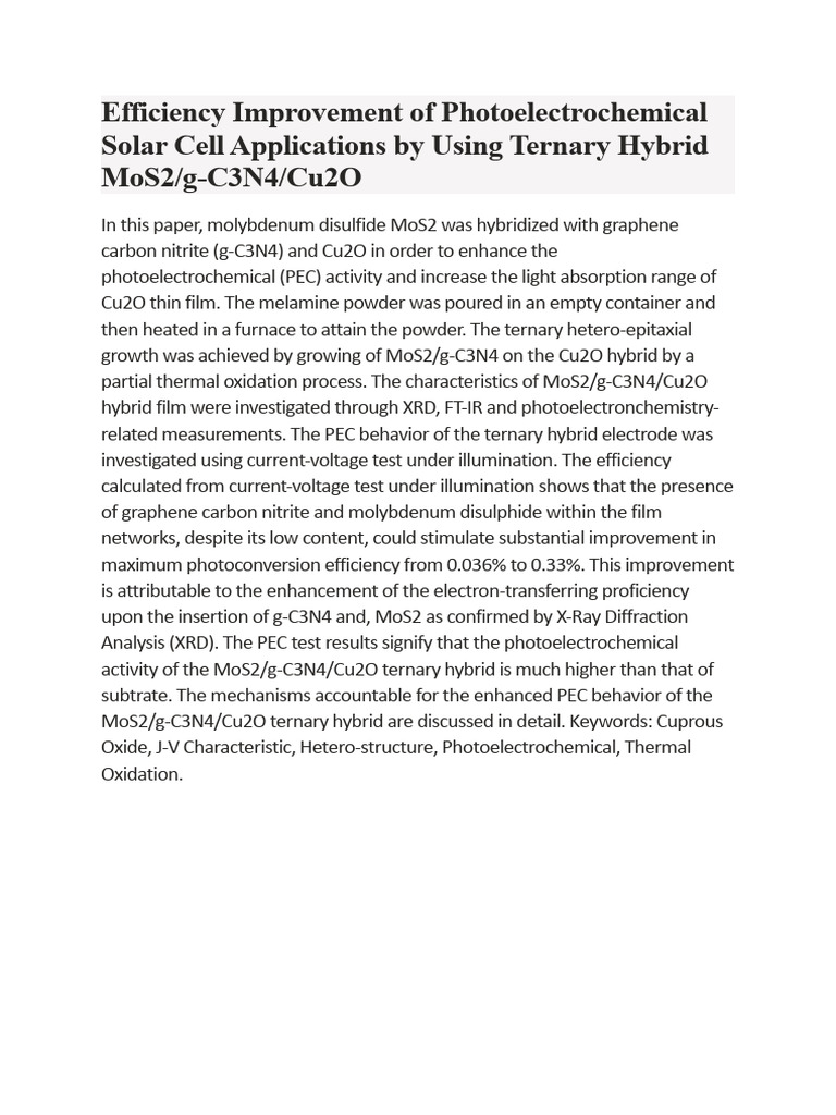 Efficiency Improvement of Photoelectrochemical Solar Cell Applications ... Efficiency Improvement of Photoelectrochemical Solar Cell Applications ...