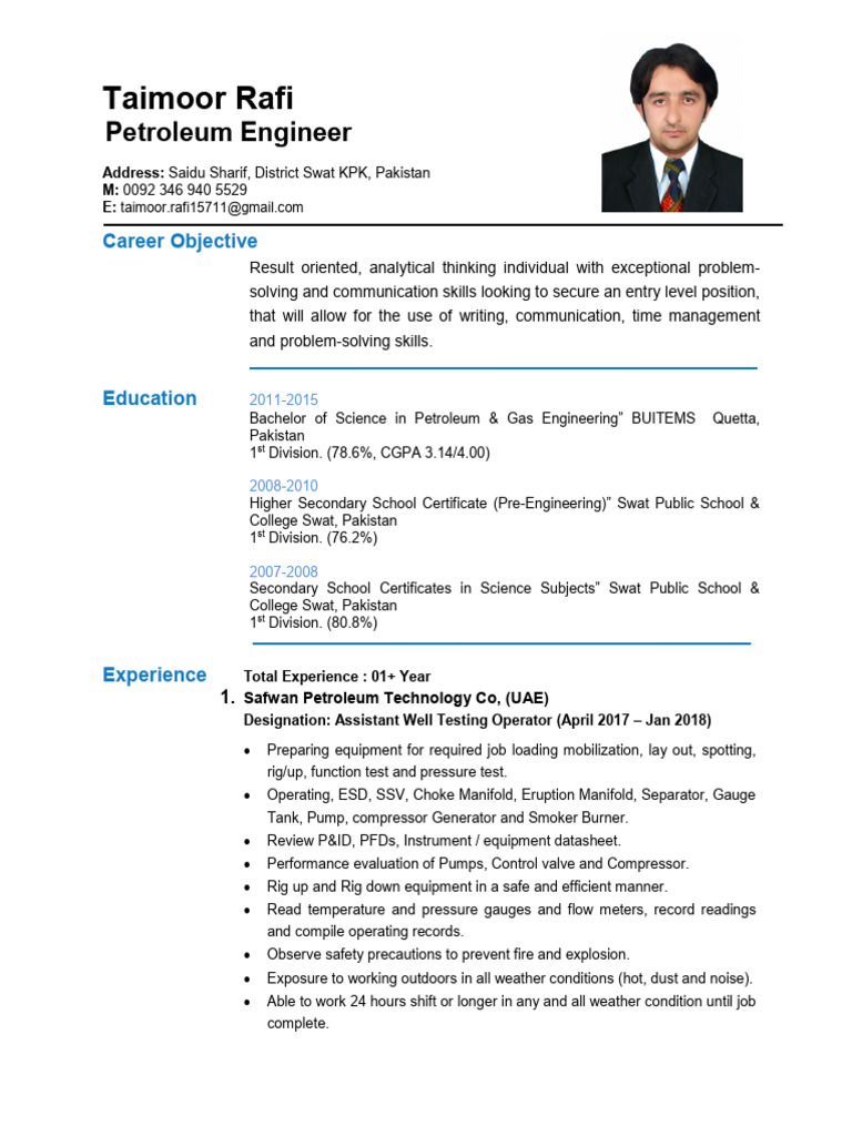 Taimoor Rafi CV (Petroleum Engineer) - 2 | PDF | Mechanical Engineering | Physical Sciences