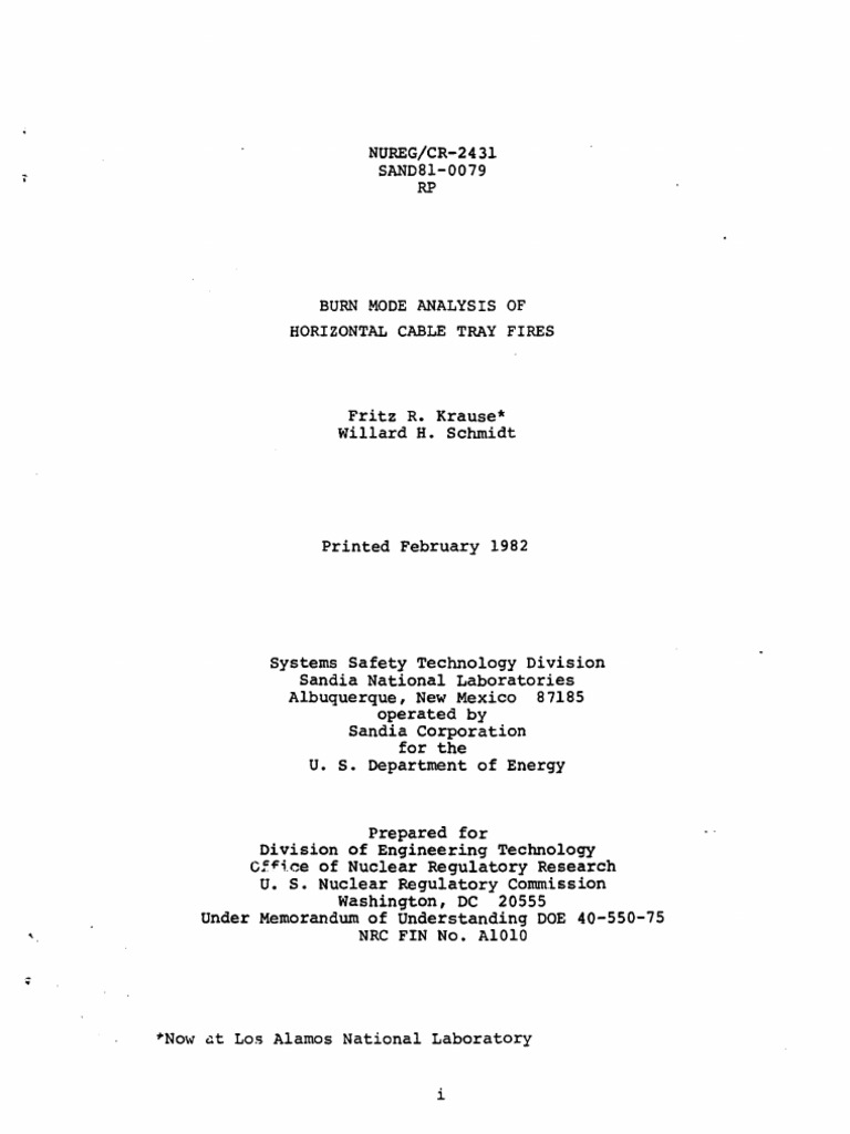 NUREG CR-2431 Burn Mode Analysis of Horizontal Cable Tray Fires (NUREG ...