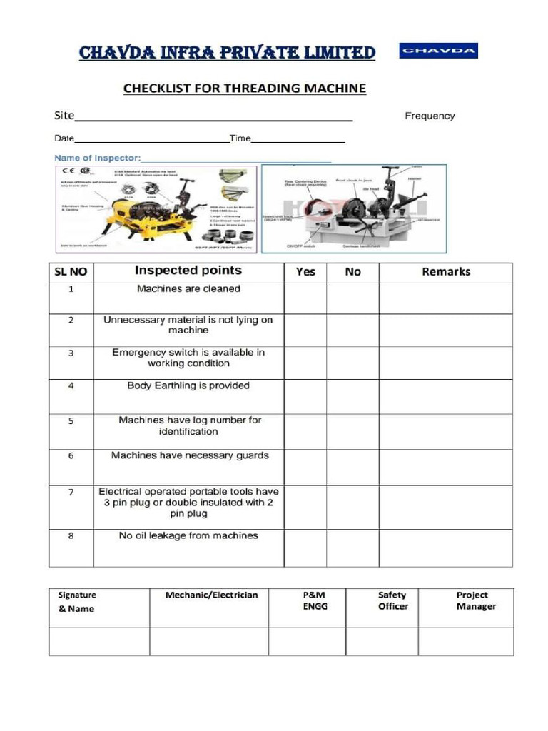 Checklist For Threading Machine | PDF