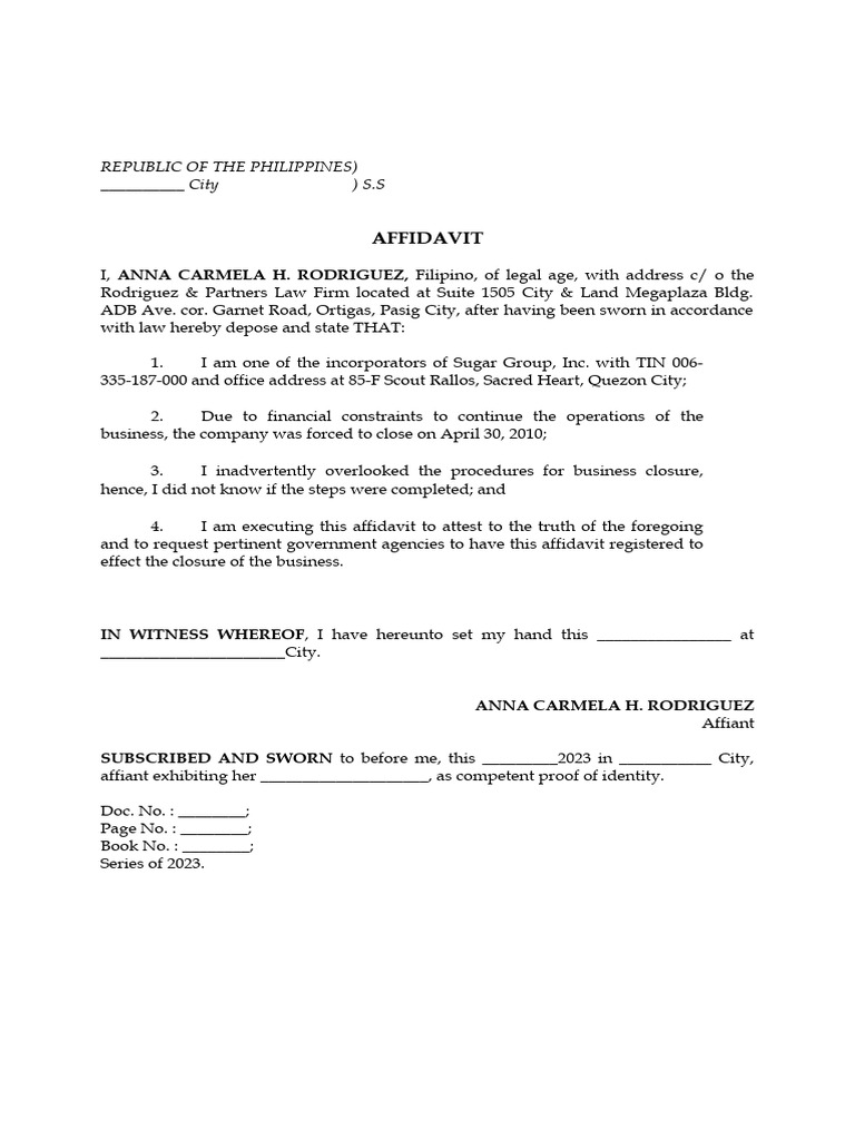 Affidavit of Business Closure | PDF