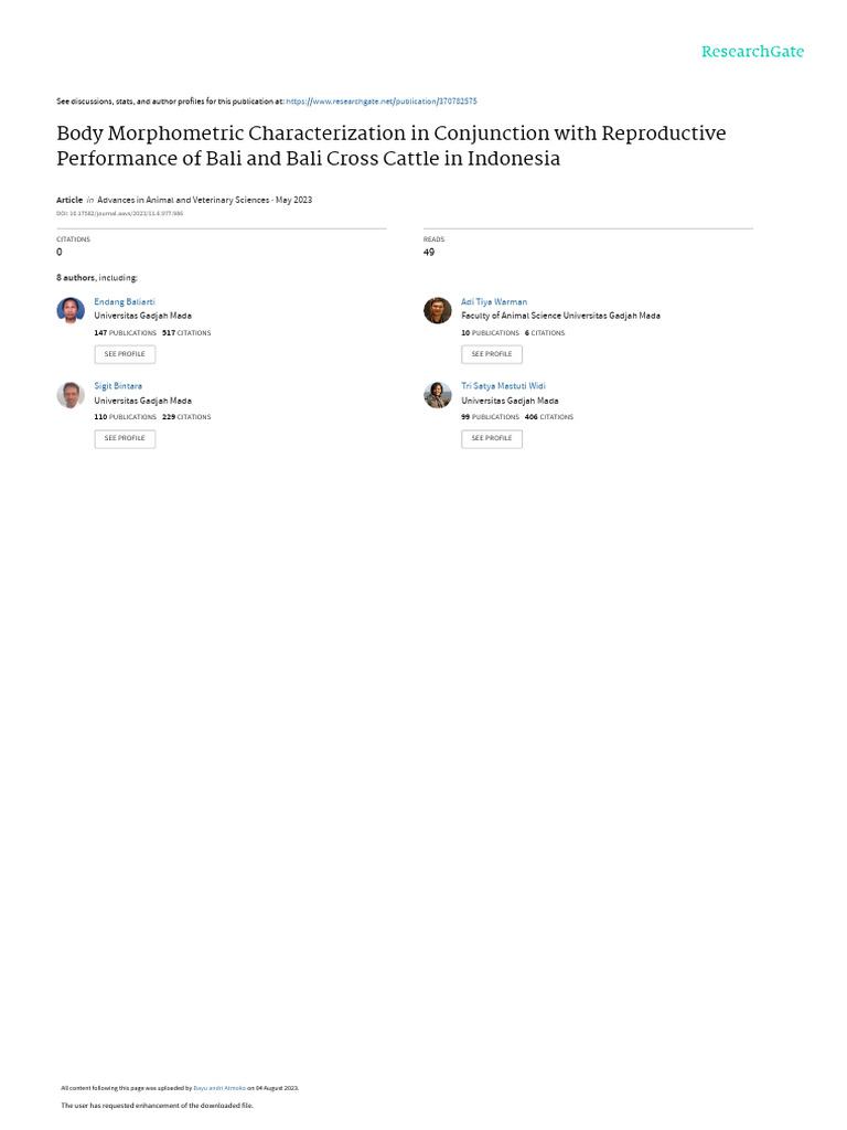 Body Morphometric Characterization in Conjunction With Reproductive Performance of Bali and Bali ...