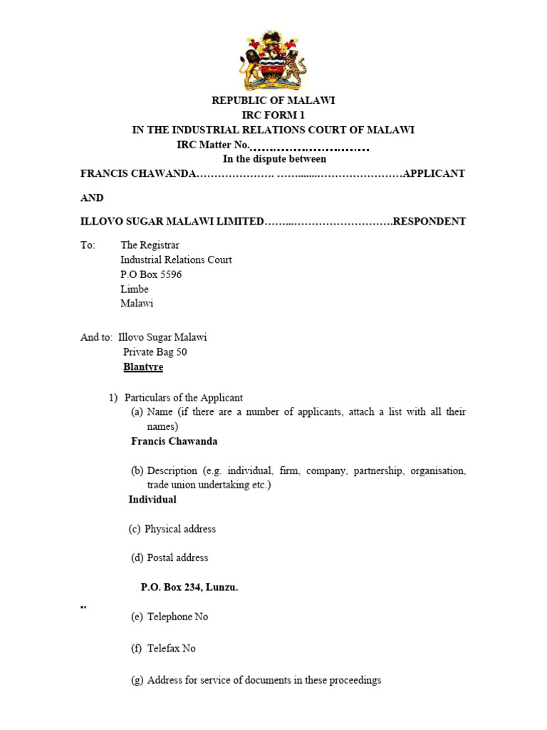 Francis Chawanda V. Illovo Sugar Malawi Limited - Zula IRC Form 1 ...