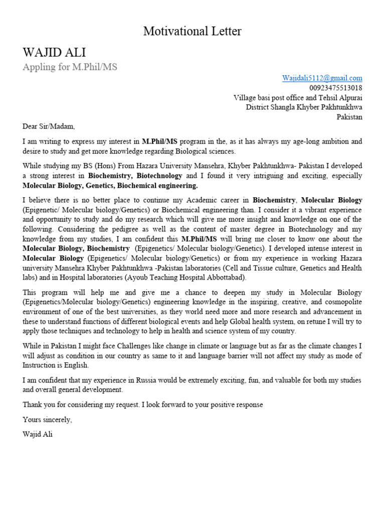 Motivational Letter | PDF | Molecular Biology | Biology