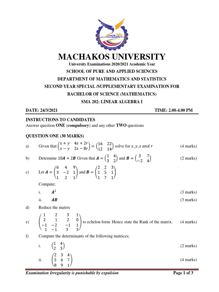 Sma 202 Linear Algebra I | PDF | Matrix Theory | Applied Mathematics