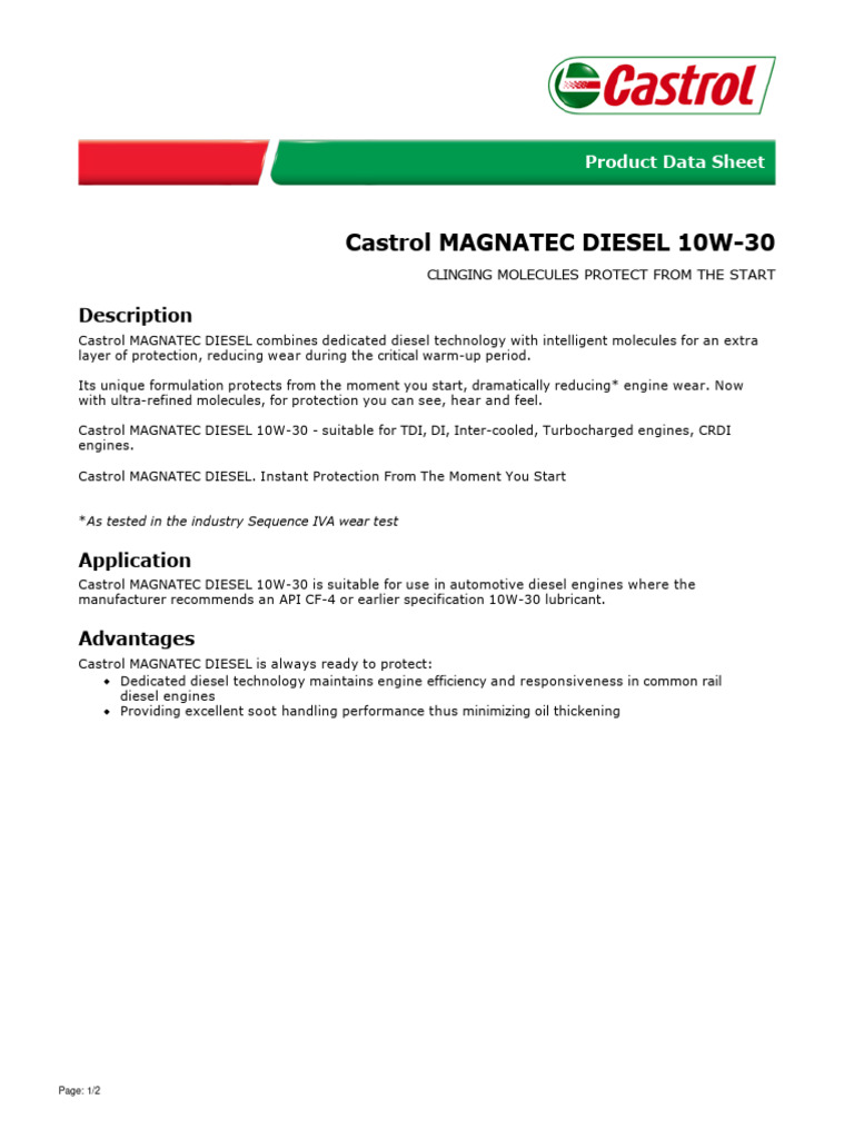 Castrol Magnatec Diesel 10W-30 Overview | PDF | Motor Oil | Physical ...