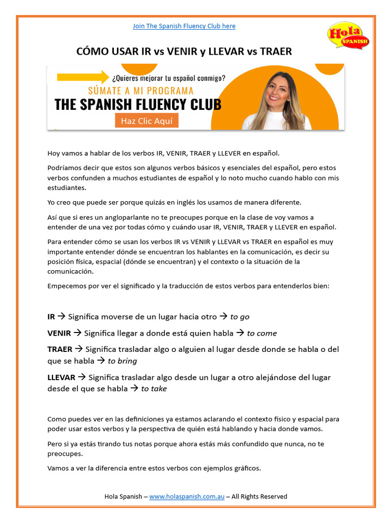 Cómo Usar Los Verbos Ir, Venir, Traer y Llevar | PDF