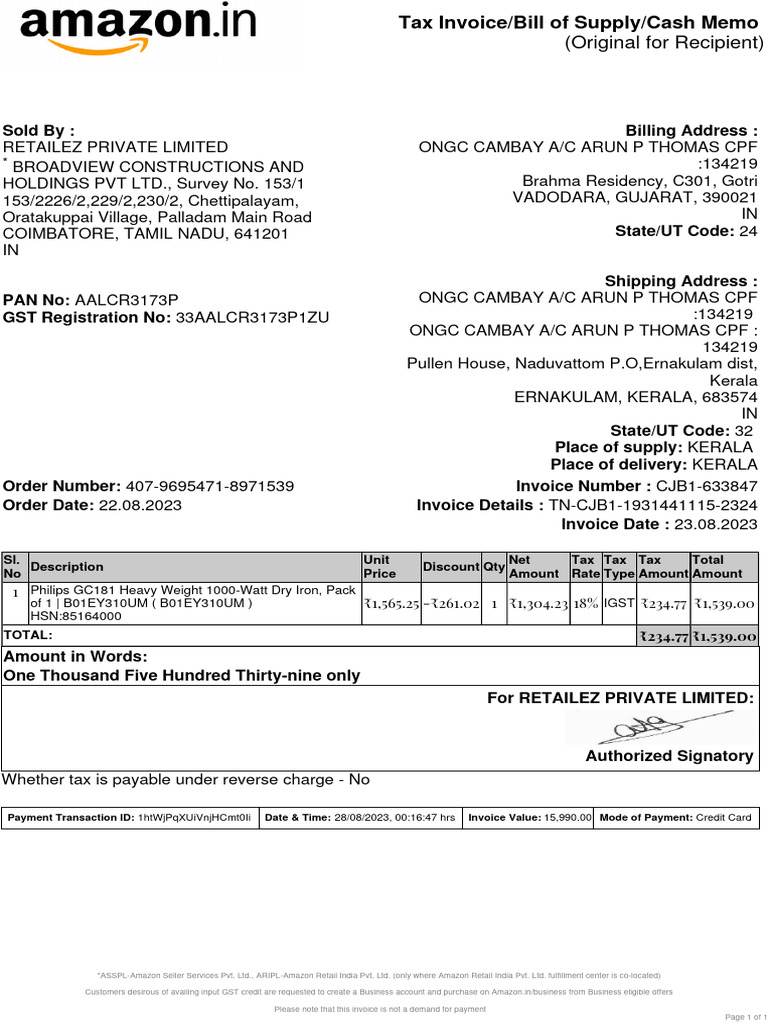 Amazon Invoice for Philips Iron Purchase | PDF | Invoice | Payments