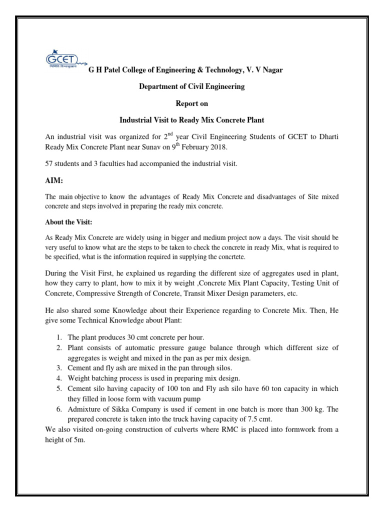 RMC Plant Visit Report for Civil Students | PDF