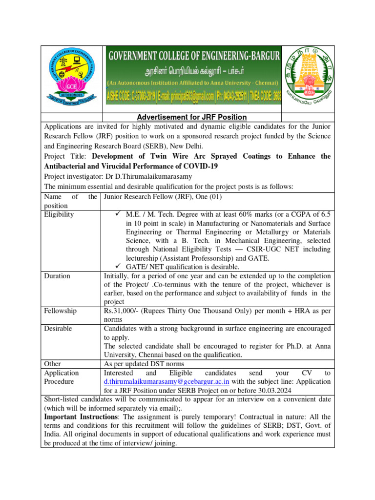 JRF Opening in Engineering Research | PDF | Physical Sciences | Engineering