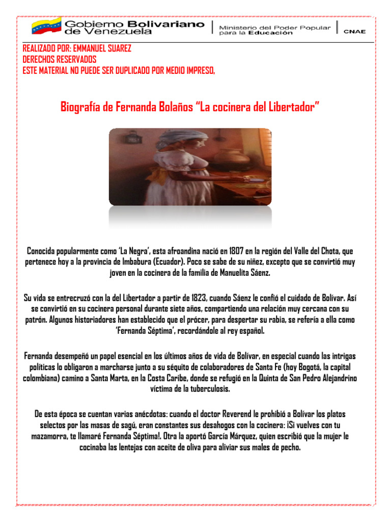 Biografía de Fernanda Bolaños, cocinera de Bolívar | PDF | Clásicos