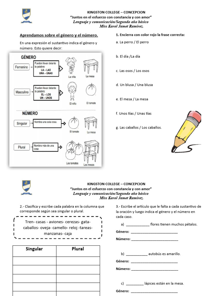 Ejercicios de género y número para 2° básico | PDF | Sintaxis ...