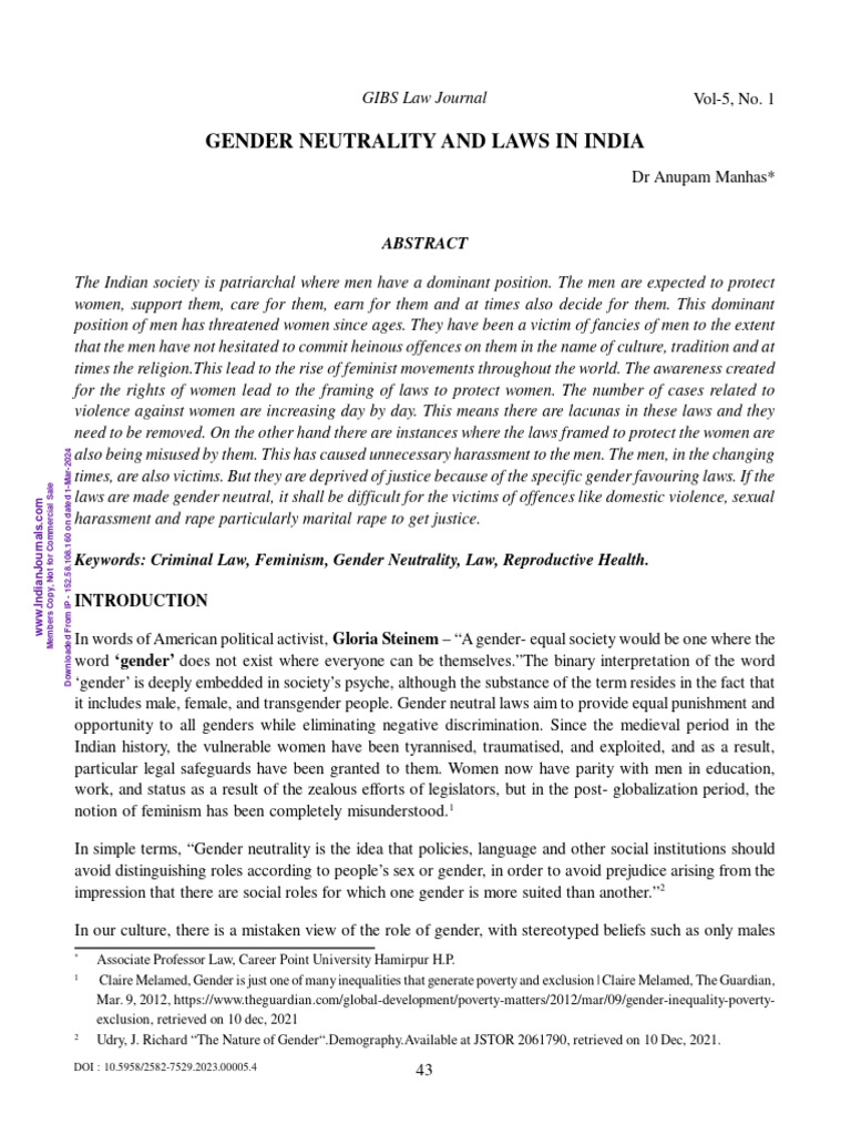 Gender Neutrality and Laws in India | PDF