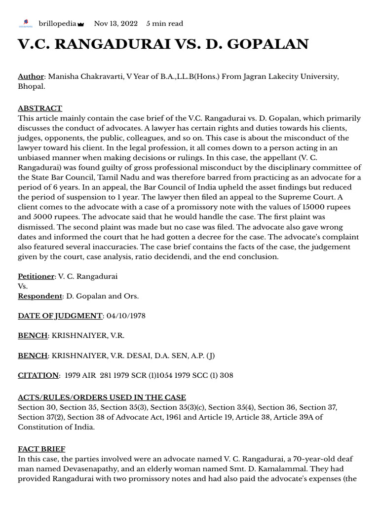 V.C. Rangadurai vs. D. Gopalan Case Summary | PDF | Advocate | Lawyer