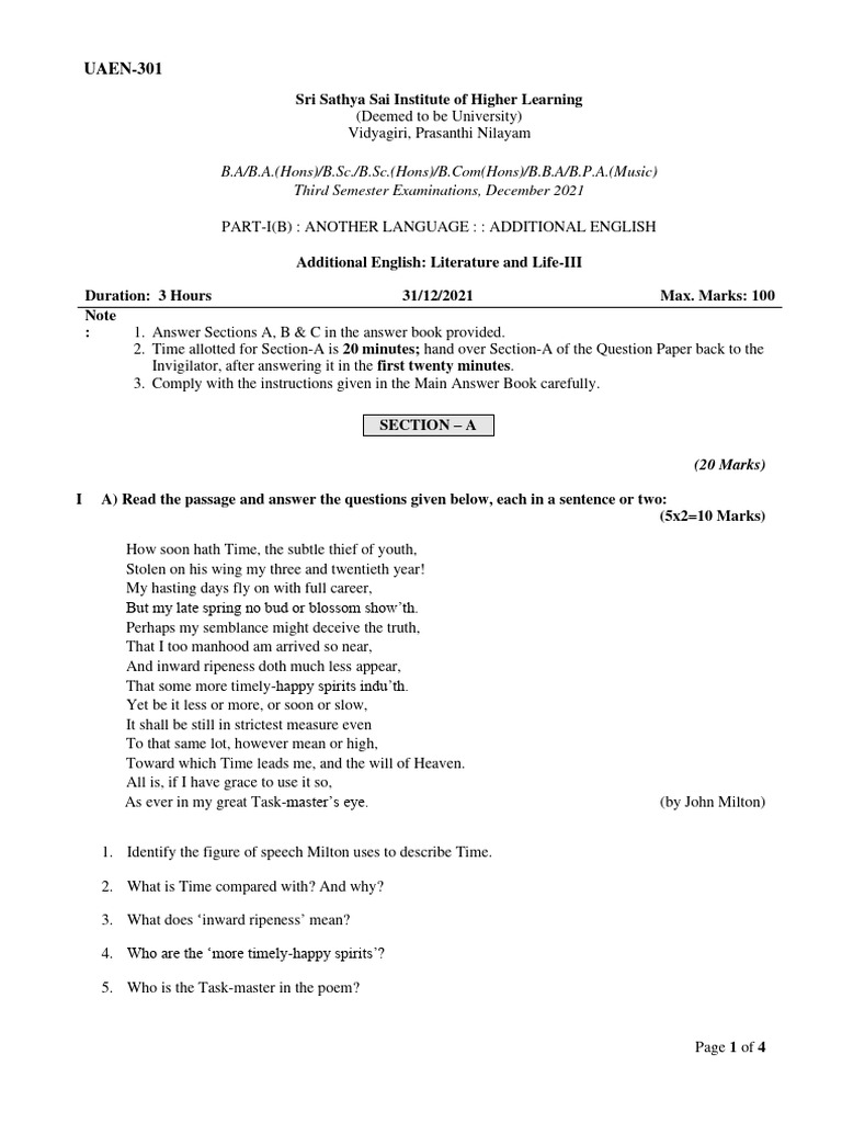 Additional English Exam Paper 2021 | PDF