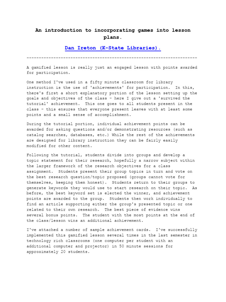 Serious Play - Sample Gamified Lesson Plan | PDF | Career & Growth