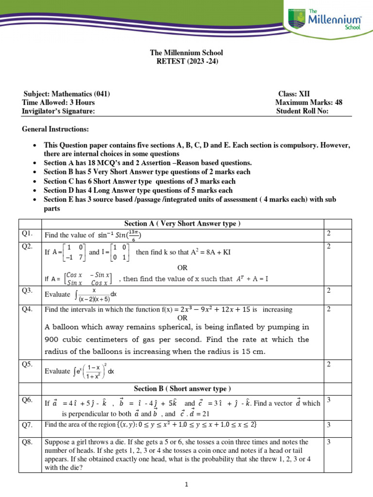 Class 12 Maths Retest Paper 2023-24 | PDF | Mathematics