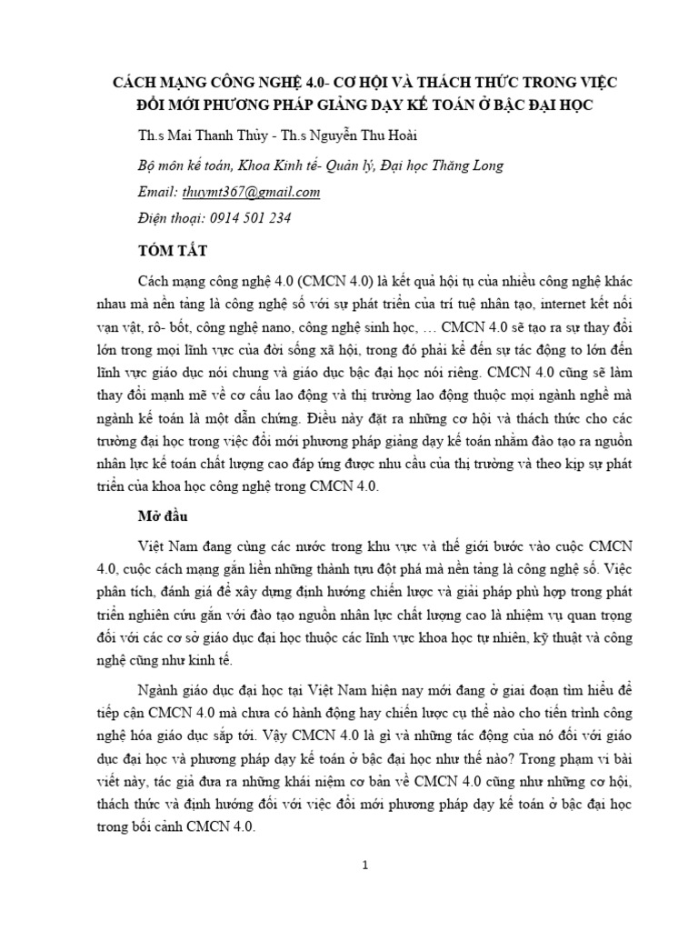 CMCN 4.0 Cơ hội và thách thức trong đổi mới phương pháp dạy kế toán bậc ...