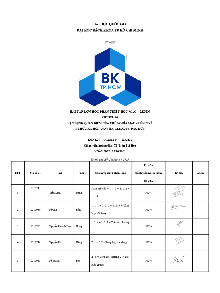 BTL Triết học - Nhóm 07 - Lớp L06 - Chủ đề 2 - HK231 | PDF
