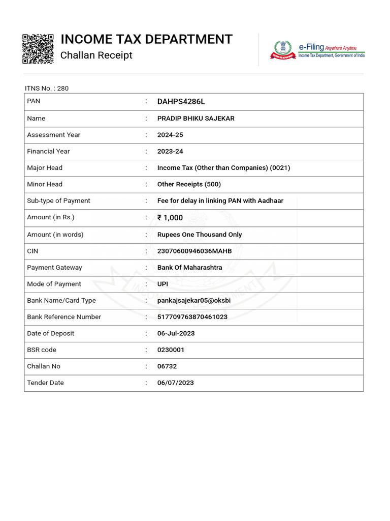 PAN-Aadhaar Link Payment Receipt | PDF