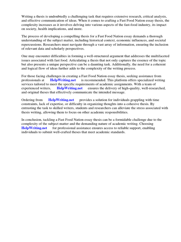 Fast Food Nation Essay Thesis | PDF | Fast Food | Essays