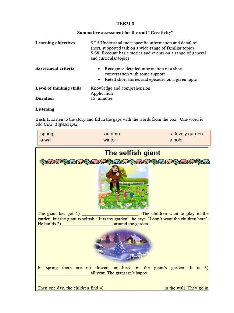 5 Кл Summative Assessment for the 3 Term (Unit Creativity) | PDF