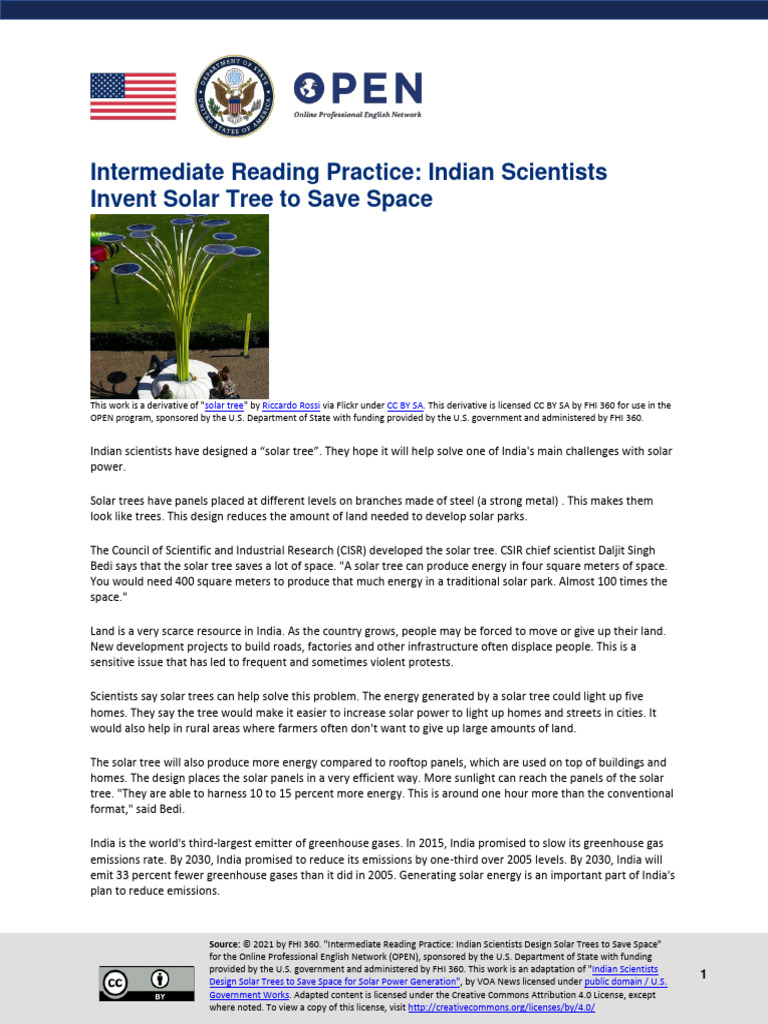 Intermediate Reading Practice - Indian Scientists Design Solar Tree To Save Space | PDF