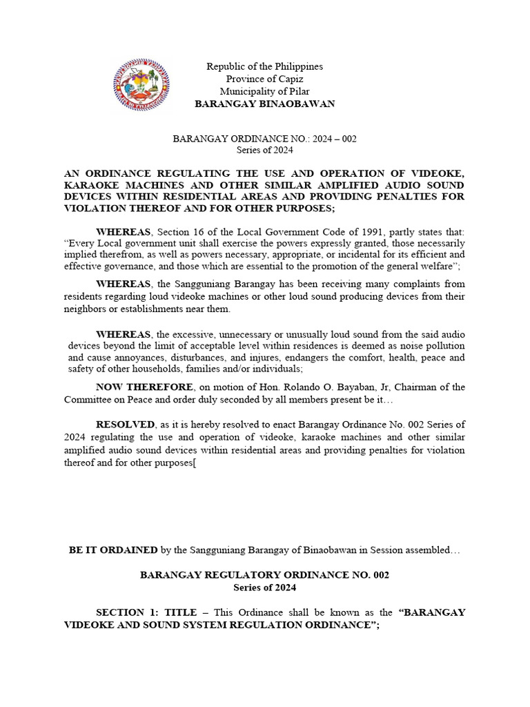 Barangay Ordinance No. 2 - Videoke Regulation - Amplified Sound | PDF ...