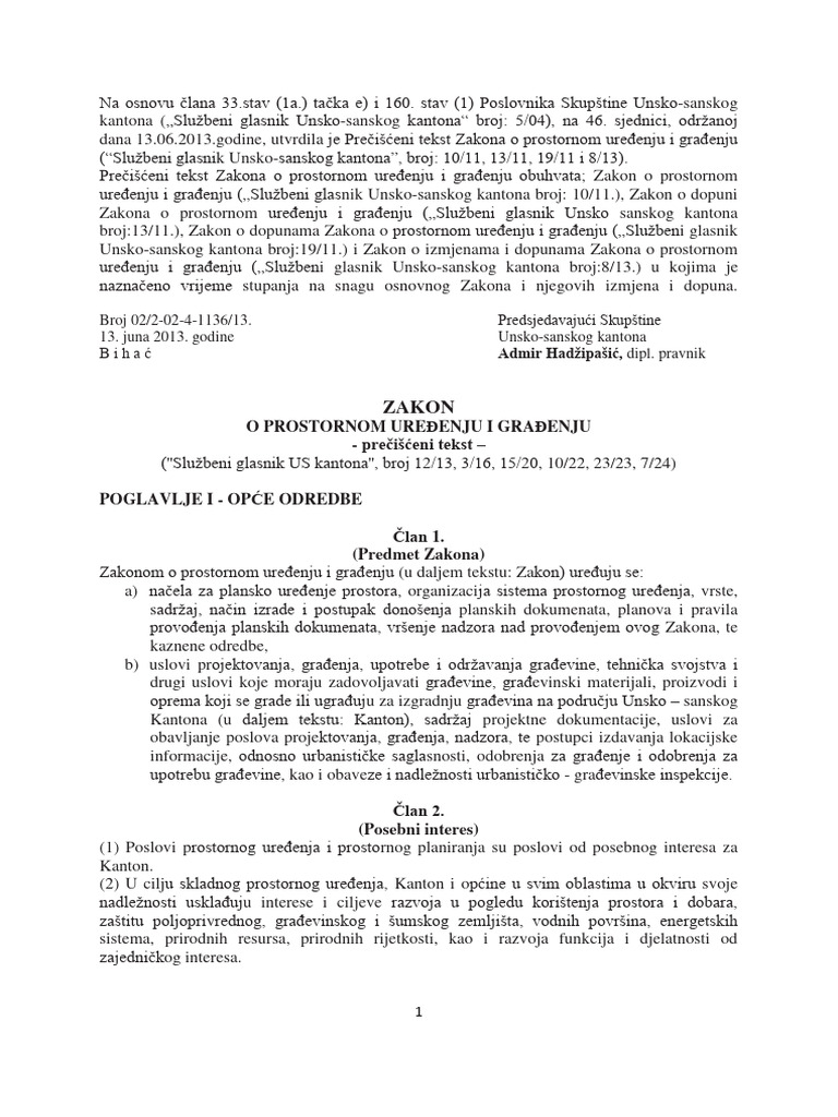 Zakon o Prostornom Uređenju I Građenju USK Prečišćen Tekst | PDF