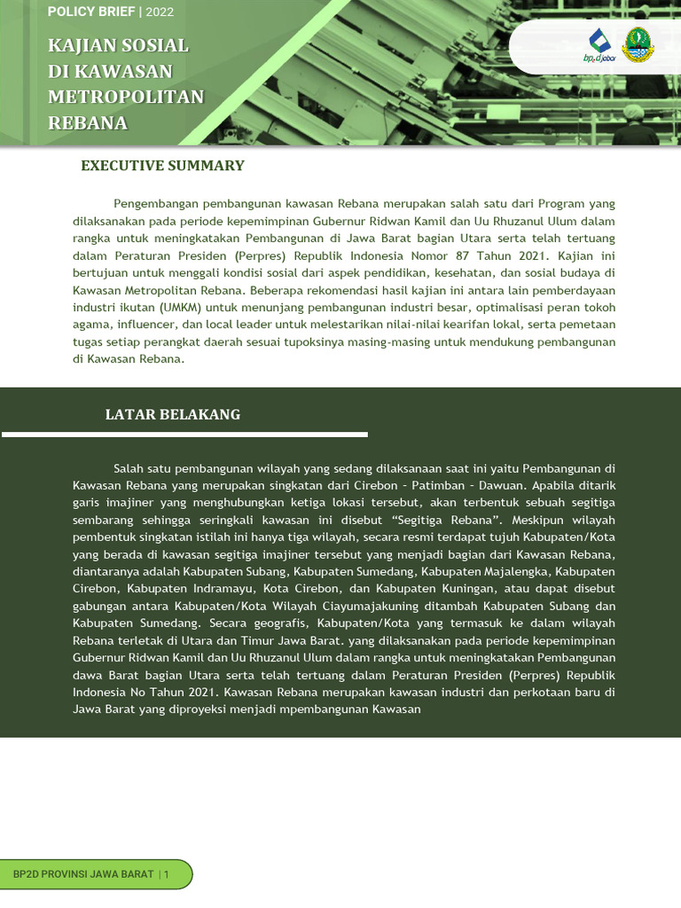 Kajian Sosial Di Kawasan Metropolitan Rebana Policybrief | PDF