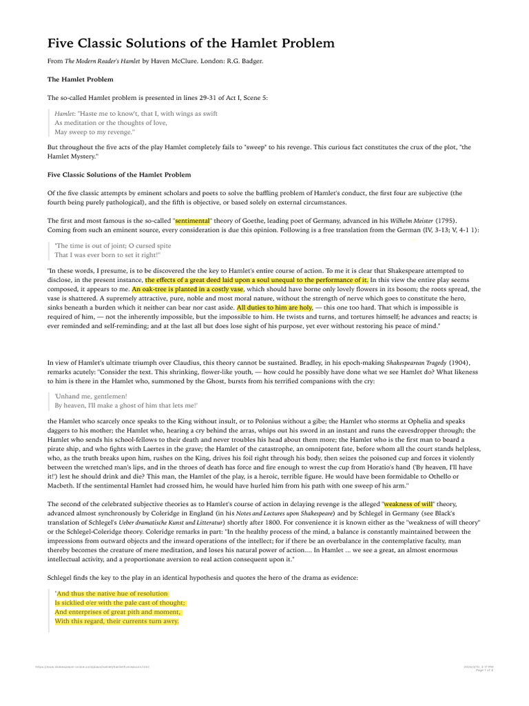 Five Classic Reasons For Hamlet's Delay | PDF | Hamlet | William ...