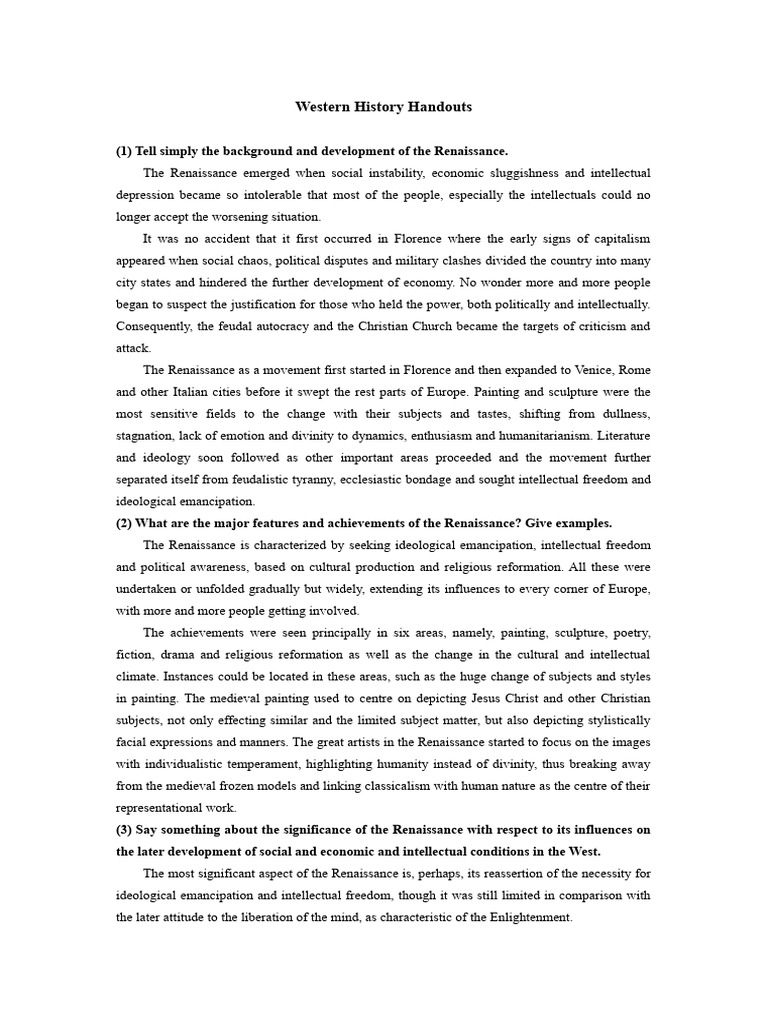 Western History Handout | PDF | Age Of Enlightenment | Renaissance
