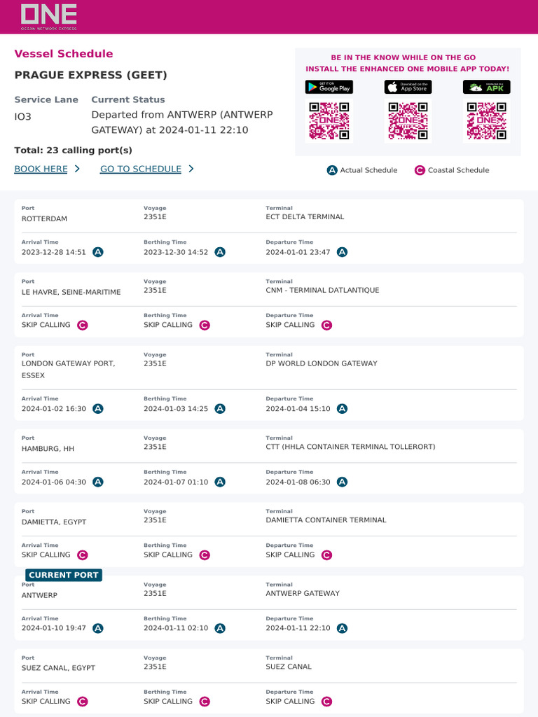 ONE Vessel Schedule 20240122 | PDF | Port | Coast