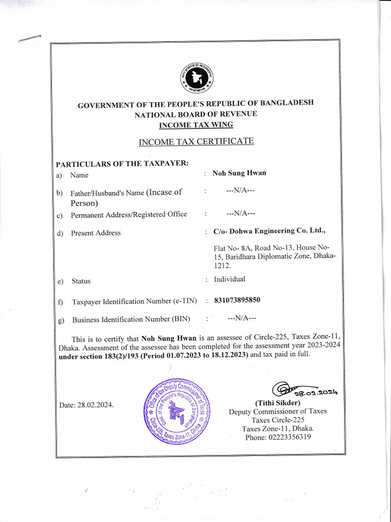 Tax Certificate of Noh Sung Hwan - 20240310 - 0001 | PDF | Taxes | Money