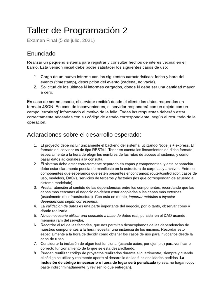 Taller de Programación 2: Enunciado | PDF | Servidor (Computación) | Caso de uso