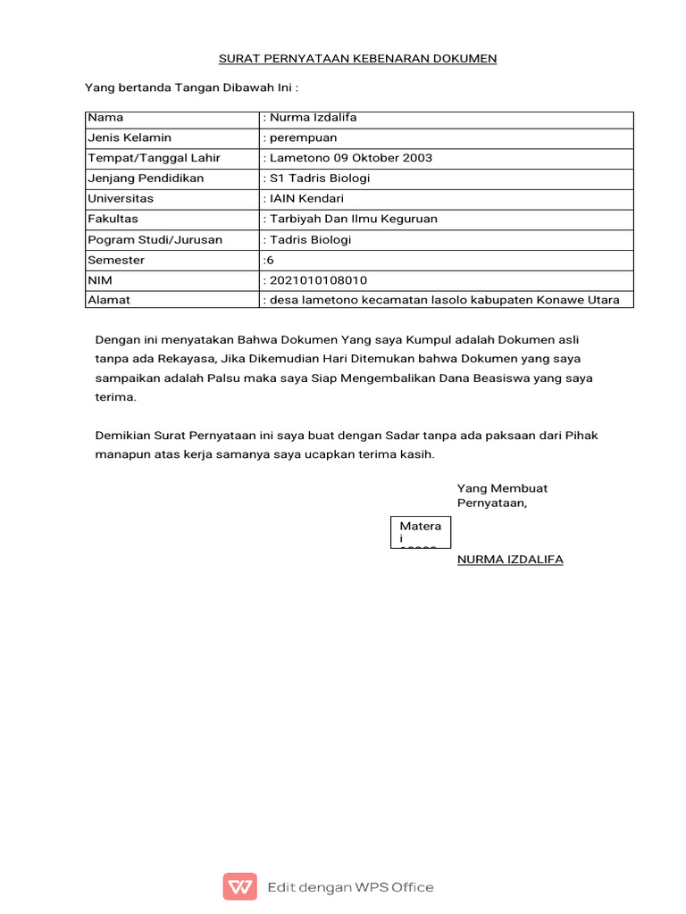 Template Surat Pernyataan Kebenaran Dokumen | PDF